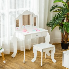 HOMCOM Dětský toaletní stolek s taburetem, triptychem zrcadel a posuvným zásuvkou - Rozměry toaletního stolku 63D x 40Š x 85,5V cm - Bílý akryl