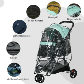 PawHut Kočárek pro psy, skládací, s pláštěnkou, 2 držáky na nápoje, modrý + zelený