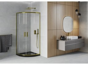 Mexen Rio, čtvrtkruhový sprchový kout s posuvnými dveřmi 80 (dveře) x 80 (dveře) x 190 cm, 5mm čiré sklo, zlatý profil + černá sprchová vanička SLIM, 863-080-080-50-00-4170G