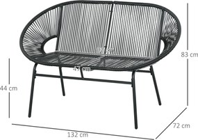 Outsunny zahradní lavička pro 2 osoby ve stylu ocel a umělý ratan s 2 polstry - rozměry 132D x 72Š x 83V cm - černá | Aosom