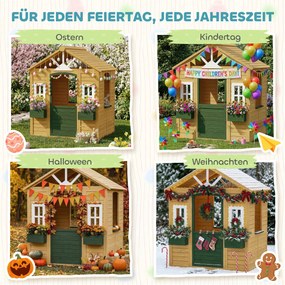 Dětský domek na hraní Dřevěný venkovní domek na hraní s dveřmi 3 okny 2 truhlíky na květiny pro děti od 3 do 8 let 134,5 x 97 x 150 cm Hnědá barva