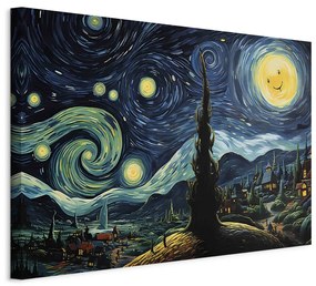 Obraz XXL Hvězdná noc - krajina ve van Goghově stylu s usmívajícím se měsícem