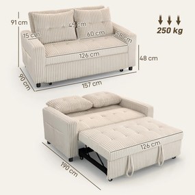 HOMCOM 2-místná rozkládací pohovka, manšestrový potah, možno přeměnit na rozkládací pohovku, 2 polštáře, boční kapsy, 157 x 190 cm, krémově bílá