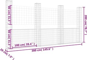 Gabionový koš ve tvaru U se 4 sloupky železo 380 x 20 x 200 cm 151291