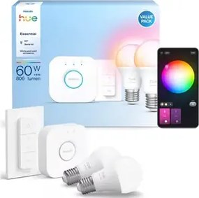 Philips Hue Essential WCA E27 9W 2ks + Bridge + stmívač / Sada chytréh