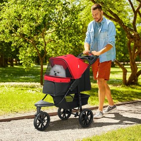 Skládací kočárek pro psy Kočárek pro psy do 10 kg se 3 koly, síťovaná okénka Držák na pohár Úložný koš 109,5x57,5x106,5 cm Červený