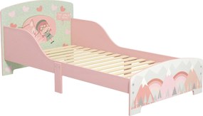 Dětská postel ZONEKIZ dřevěná 143x77x60 cm pro děti ve věku 3-6 let s bezpečnostními zábranami a potiskem Max. nosnost 40 kg Moderní růžový nábytek do
