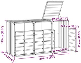 vidaXL Box na 3 popelnice antracitový 216 x 81 x 115 cm ocel
