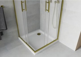 Mexen Rio, čtvercový sprchový kout s posuvnými dveřmi 70 (dveře) x 70 (dveře) x 190 cm, 5mm sklo námraza, zlatý profil + bílá sprchová vanička SLIM, 860-070-070-50-30-4010G
