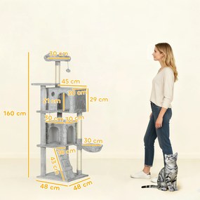 PawHut 160 cm škrabadlo pro kočky, několik úrovní, sisalová škrabadla, jeskyně, plyšové plošiny, houpací síť, žebřík, hrací míčky