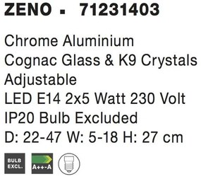 Nova Luce Nástěnné svítidlo ZENO, kouřové sklo a K9 křišťály nastavitelné E14 2x5 W