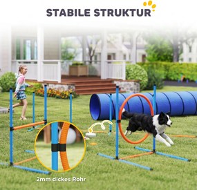 PawHut 8dílná sada agility pro psy s tunelem, slalomem, nastavitelnými překážkami, kruhem, pauzovací plošinou, miskou, hračkami a taškou — zahrada, v…