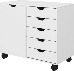 HOMCOM Kancelářská Skříň s 5 Šuplíky a 1 Stojanem na Tiskárnu na Kolečkách s Nastavitelnou Policí, 78 x 40 x 66,5 cm, Bílá | Aosom