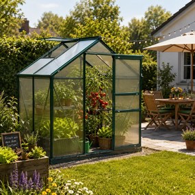 Outsunny Polykarbonátový Zeleninový Skleník 2,51 m² Hliníkový Skleník 190 x 132 x 201 cm UV-odolný, se Zpevněným Základem, Okapem, Střešním Okénkem a…