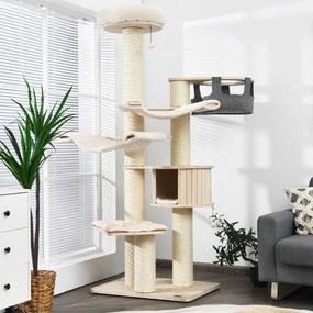 Costway 197 cm 7patrové dřevěné škrabadlo s houpací sítí a jeskyní pro kočky