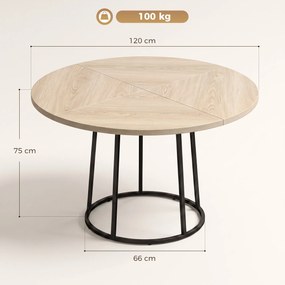 HOMCOM Kulatý jídelní stůl pro 4–6 osob, Ø 120 x 75 cm, kuchyňský stůl s kuželovou kovovou konstrukcí, přírodní dřevo