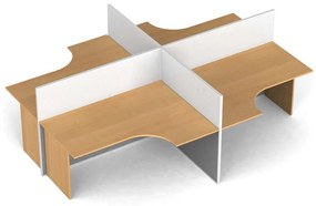 Rohový kancelářský pracovní stůl PRIMO s paravanem, otevřená, magnetická tabule, 4 místa, bříza