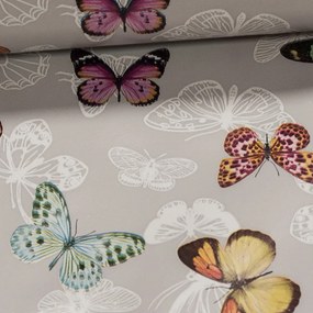 Kubík ubrus PVC s textilním podkladem 607-1, barevní motýli, šedá, š.140cm (metráž)