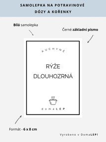 RÝŽE DLOUHOZRNNÁ– bílá samolepka na dózu, základní písmo, 6 x 8 cm | DomaLEP