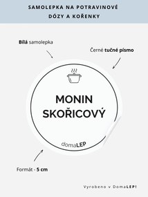 Samolepka na láhev MONIN SKOŘICOVÝ průměr 5 cm – bílá vinylová, voděodolná, omyvatelná samolepka na dózy, tučné písmo