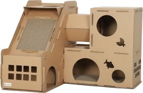 PawHut kartonový dům pro kočky, design hradu, 2 patra s 3 škrabadly, tunel, rampa, včetně trávy pro kočky, hnědá