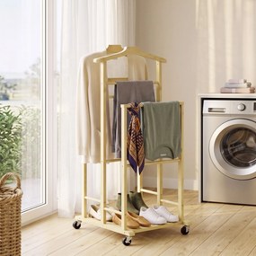 HOMCOM Bambusový věšák na kolečkách, kompaktní, s ramínky, závěsnými tyčemi, policí a spodní polici, dubový efekt