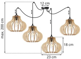 Závěsné svítidlo TIMBER SPIDER 3, 4x dřevěné stínítko